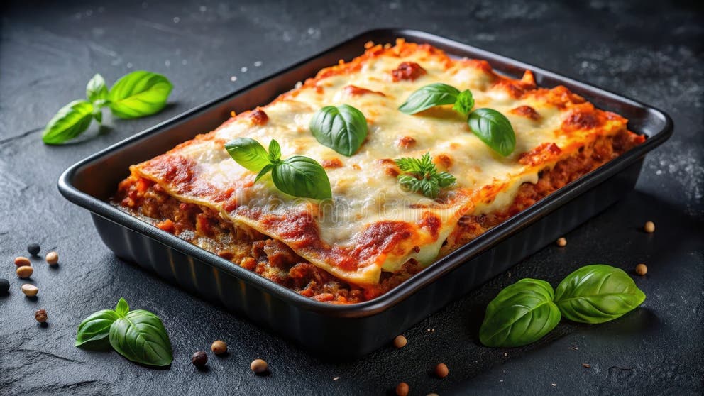 Aromatic Baked Lasagna with Melted Cheese and Fresh Basil Garnish in a ...