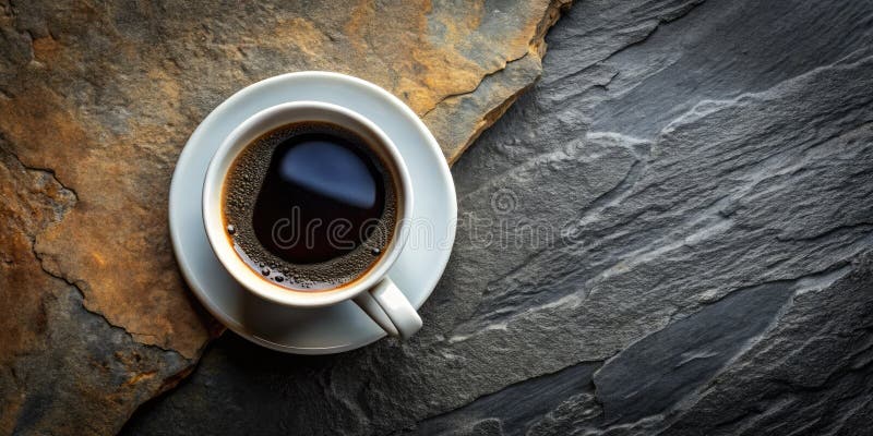 Aromatic Black Coffee in a White Cup on a Rustic Stone Table a TopDown ...
