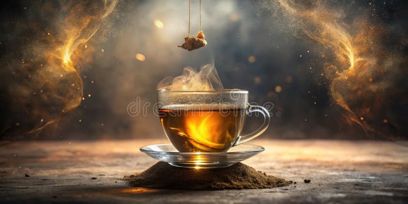 Aromatic Brew Steaming Cup of Tea with Golden Dust Particles and Tea ...