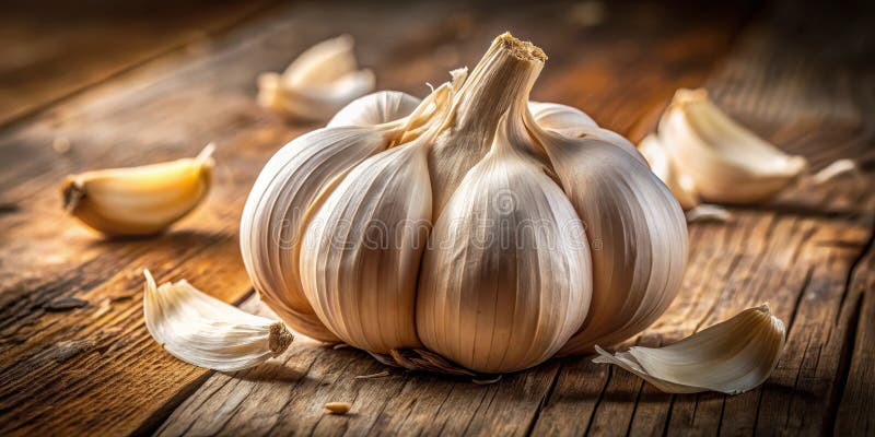 Aromatic Bulb of Garlic with Separated Cloves on Rustic Wooden Surface ...