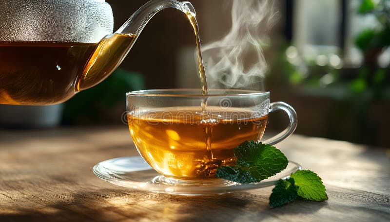 Aromatic Chai Tea Being Poured into Glass Cup on Wooden Table Stock ...