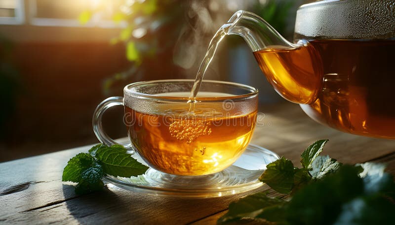 Aromatic Chai Tea Being Poured into Glass Cup on Wooden Table Stock ...