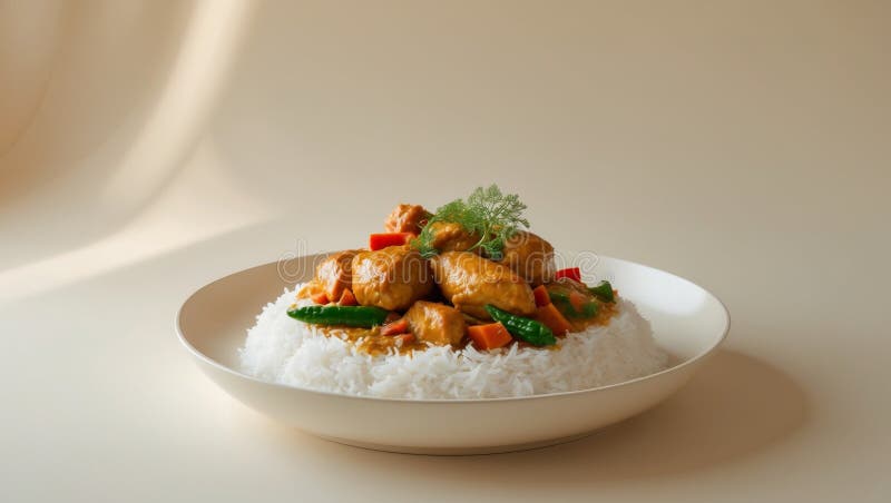 Aromatic Chicken Curry with Fluffy White Rice Served on Plate Stock ...