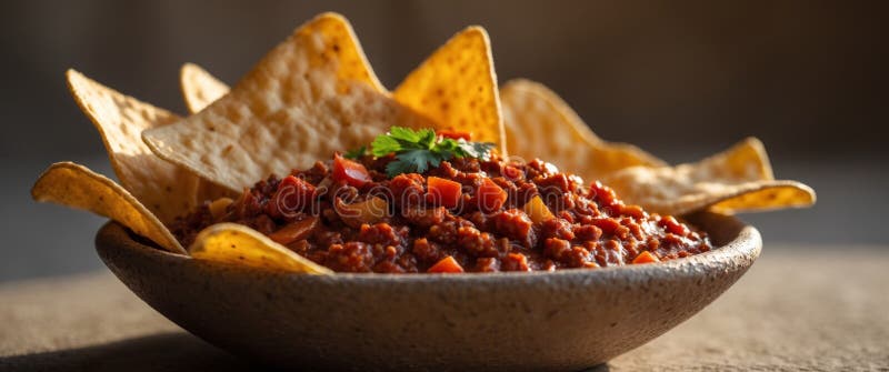Aromatic Chili with Tortilla Chips in Rustic Bowl Stock Photo - Image ...