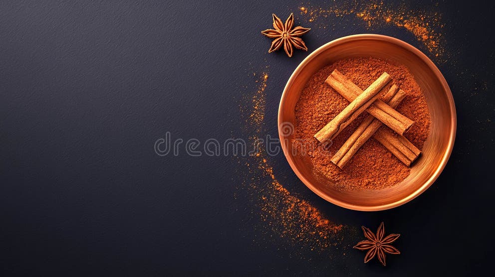 Aromatic Cinnamon in Copper Bowl for Culinary and Decorative Use Stock ...
