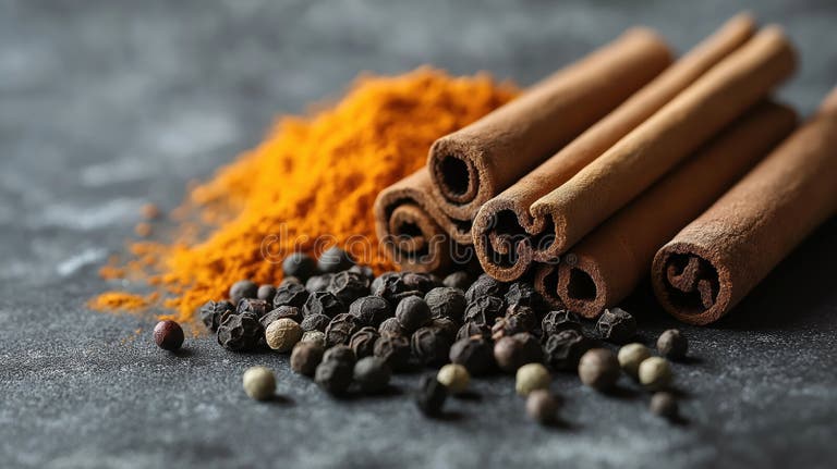 Aromatic Cinnamon Sticks and Assorted Spices on Rustic Surface Stock ...