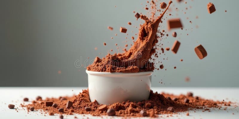Aromatic Cocoa Powder Exploding into a White Bowl with Rich Brown ...