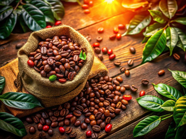 Aromatic Coffee Bean Display CloseUp Drone Perspective of a Rustic ...