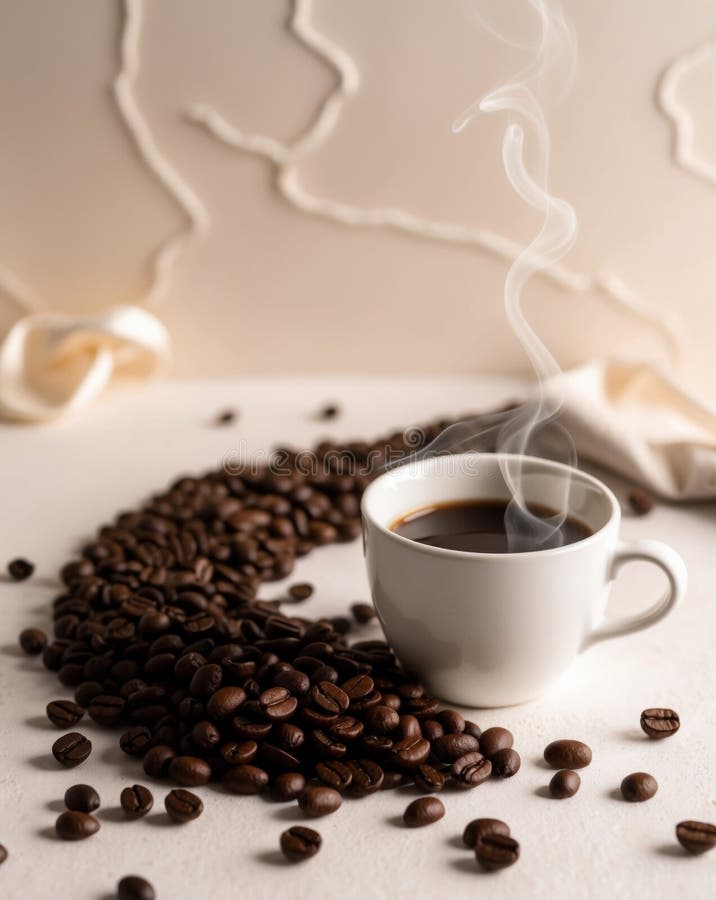 Aromatic Coffee Beans and Steaming Cup on Chic Background ...