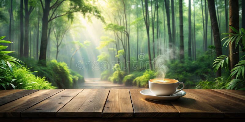 Aromatic Coffee Break in a Serene Forest Setting on a Wooden Table ...