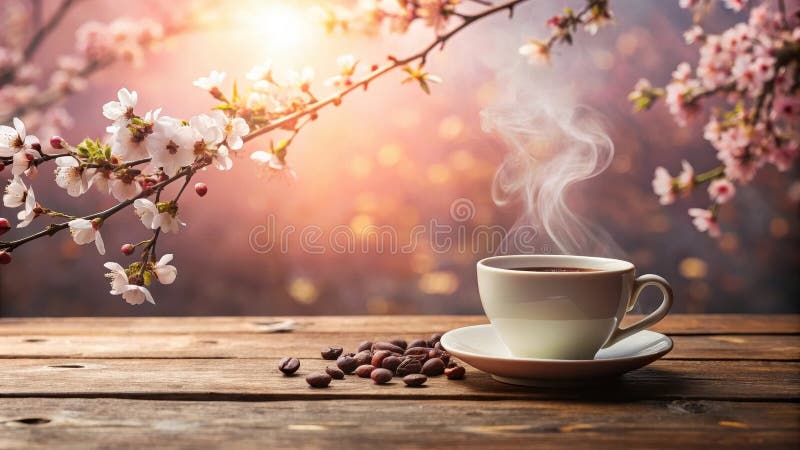 Aromatic Coffee with Spring Blossoms on Rustic Wood. Generative AI ...