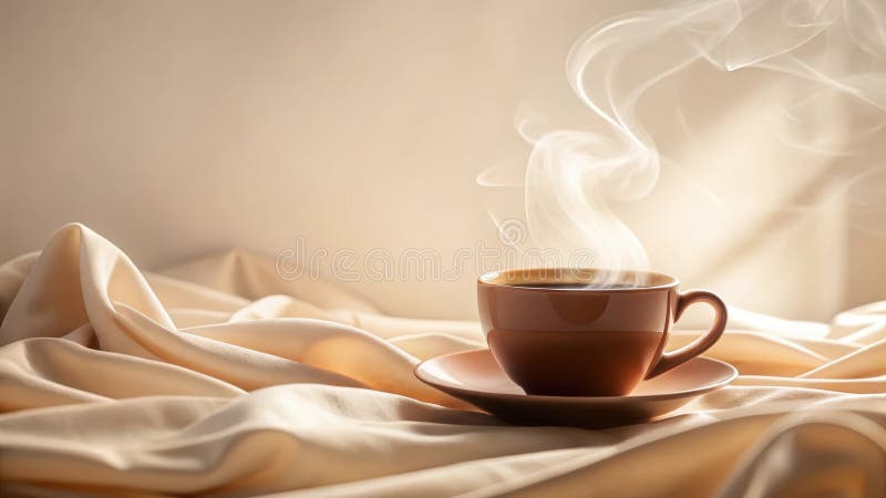 Aromatic Coffee Steam Rising Above a Warm Beige Fabric Surface ...