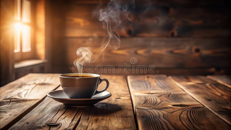 Aromatic Coffee Steam Rising from a Cup on Rustic Wooden Table ...