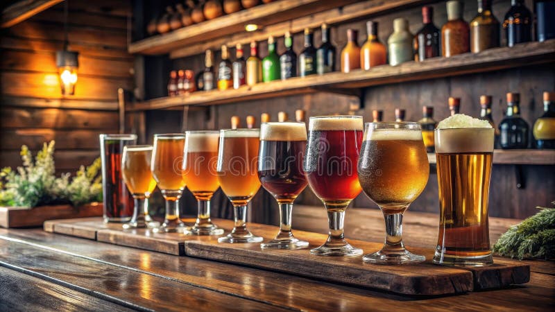 Aromatic Craft Beer Flight Tasting on Wooden Bar Top. Generative AI ...