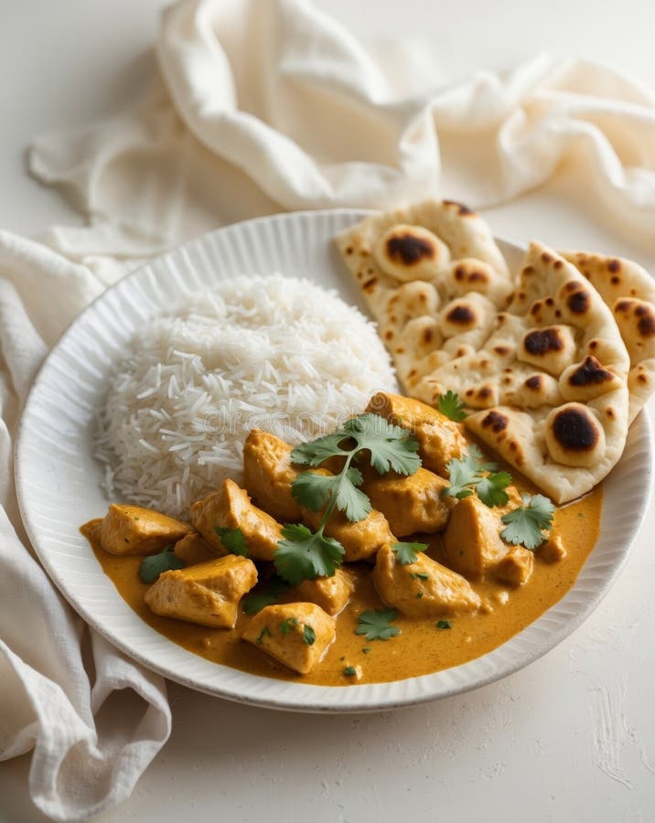 Aromatic Creamy Chicken Curry Served with Fluffy Rice and Naan Stock ...