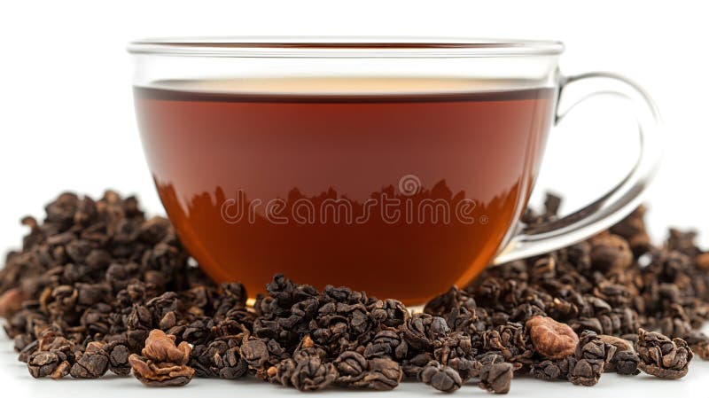 Aromatic Dark Tea in a Clear Cup Surrounded by Loose Leaf Tea Stock ...