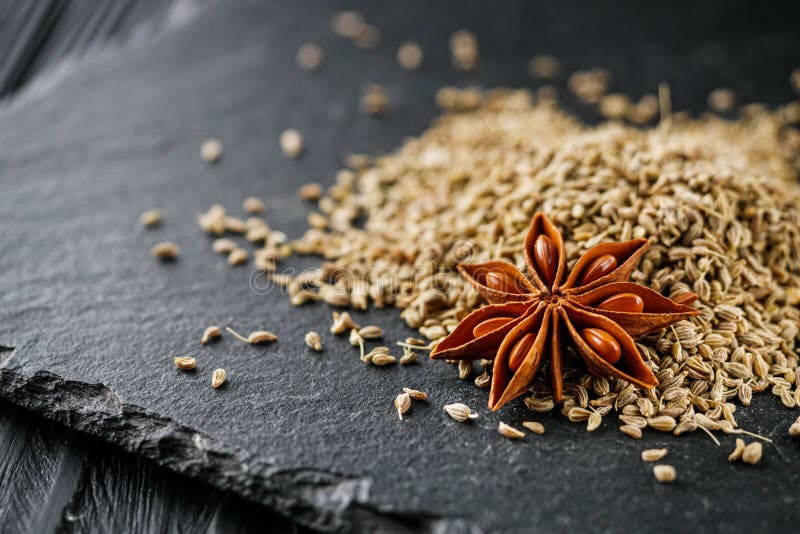 Aromatic Dry Anise Seeds on a Dark Black Stone Background Stock Photo ...