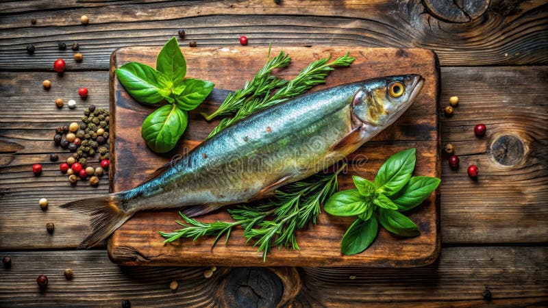 Aromatic Fresh Fish on Rustic Wooden Cutting Board with Herbs and ...