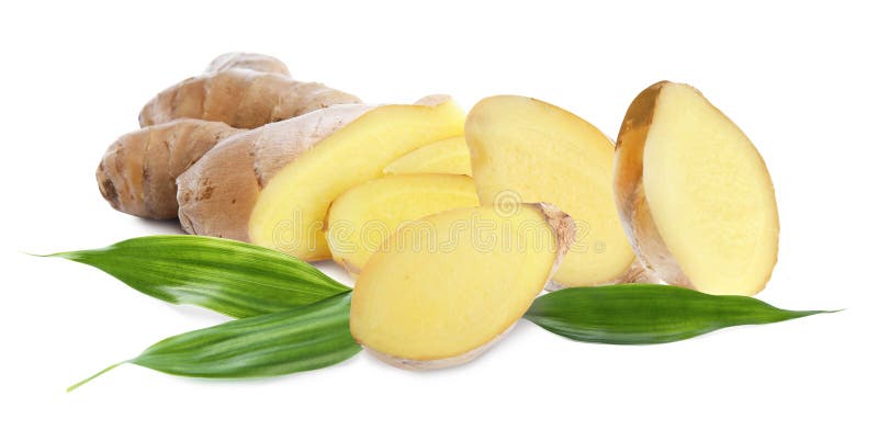 Aromatic Fresh Ginger with Green Leaves on White Background, Banner ...