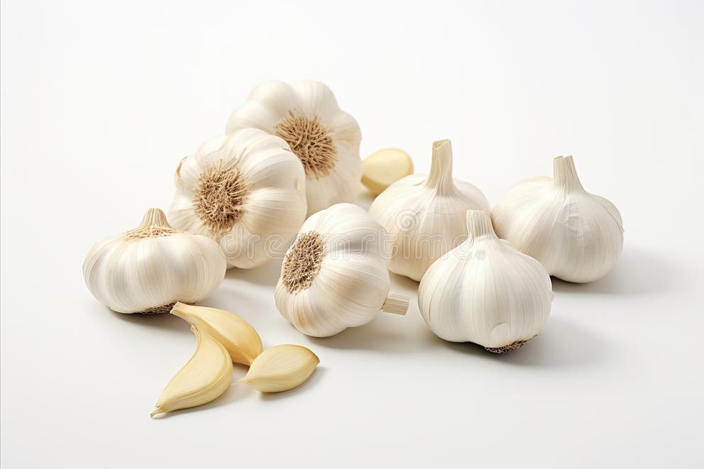 Aromatic Garlic Bulbs on White Backdrop, Ideal for Captivating Visuals in Ads and Packaging ...
