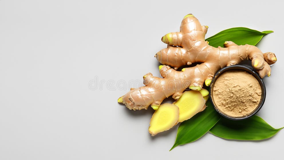Aromatic Ginger with Leaf and Powder with Copy Space. Generative Ai ...