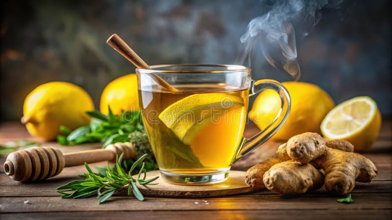 Aromatic Ginger Lemon Herbal Tea with Honey and Fresh Herbs. Generative ...