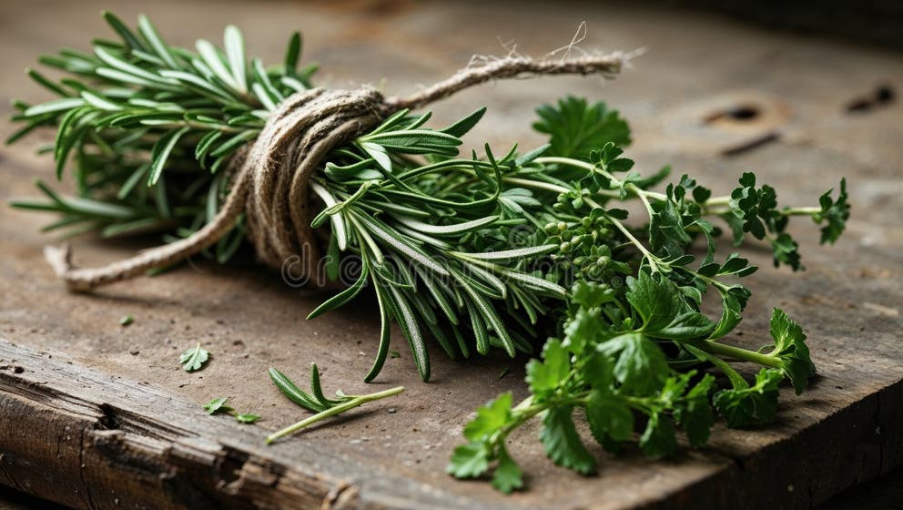 Aromatic Green Herb Bundle Tied with Natural Twine on a Rustic Surface ...