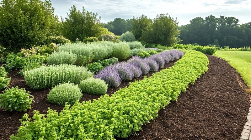 Aromatic Herb Garden Growing in Neat Rows with Mulch Path Stock Image ...