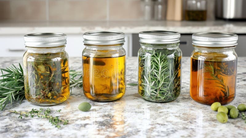 Aromatic Herb Infused Oils in Mason Jars on Kitchen Counter Stock Image ...