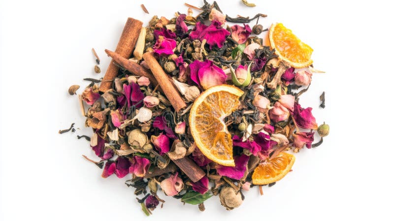 Aromatic Herbal Tea Blend with Petals, Citrus Slices, and Spices on ...