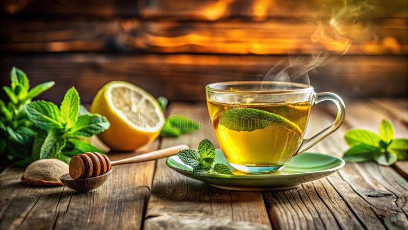 Aromatic Herbal Tea with Lemon and Mint on Rustic Wooden Table ...
