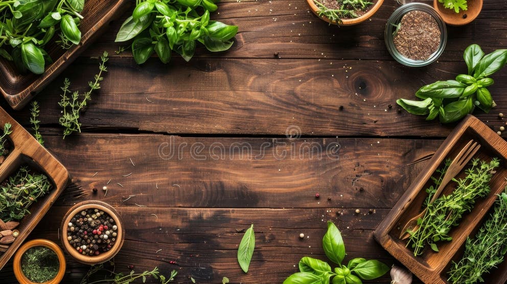 Aromatic Herbs and Spices on Rustic Wooden Table for Culinary Concept ...