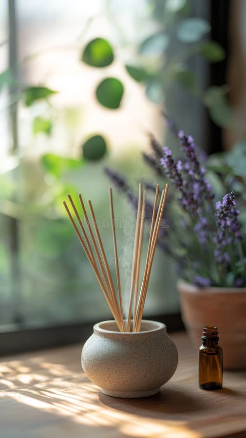 Aromatic Incense Sticks in Ceramic Pot with Lavender in Sunny Window ...