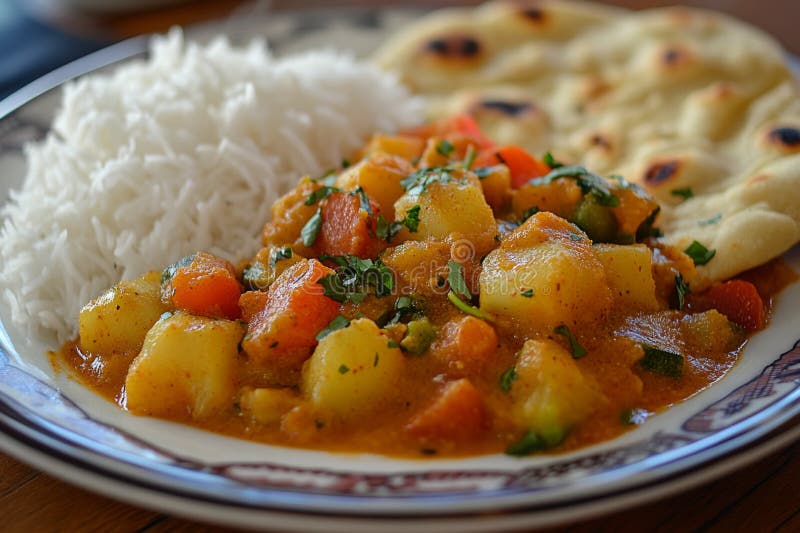 Aromatic Indian Vegetable Curry Served with Basmati Rice and Naan Bread ...