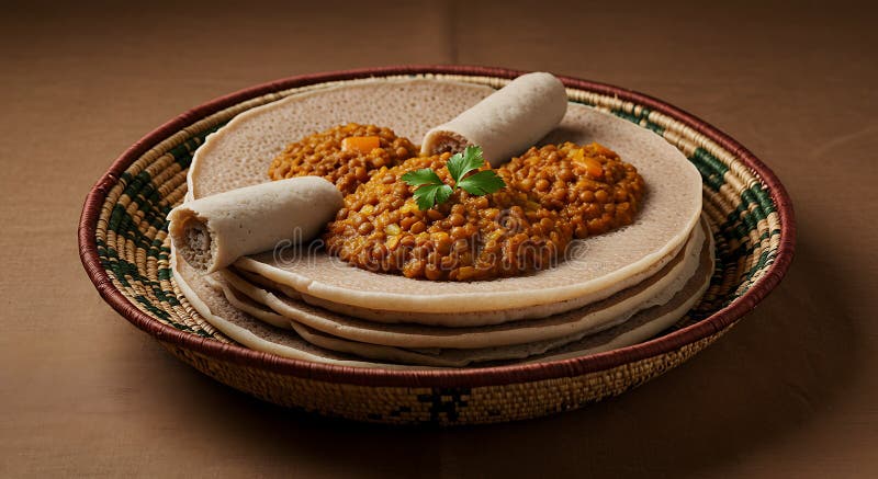 Aromatic Lentil Stew Atop Fluffy Injera Bread in Rustic Presentation ...