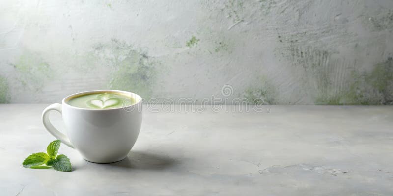 Aromatic Matcha Latte with Heart Design in a White Mug beside Fresh ...
