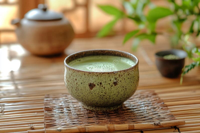 Aromatic Matcha Tea Steaming in a Rustic Bowl, Creating a Serene ...