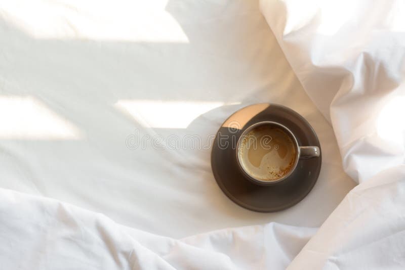 Aromatic Morning Coffee on Bed, Top View. Space for Text Stock Image ...