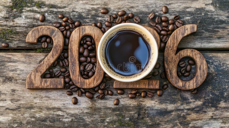 Aromatic New Year 2026 Coffee Beans Forming Numbers with Fresh Cup of ...