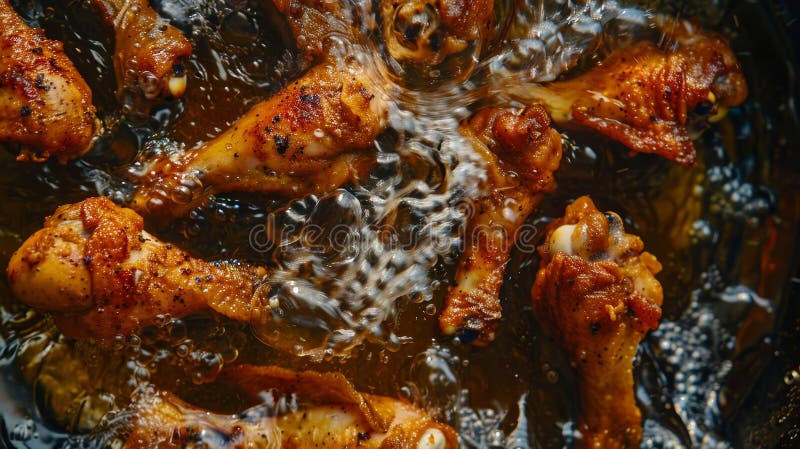 Aromatic Overhead View of Crispy Fried Chicken Drumsticks in Boiling ...