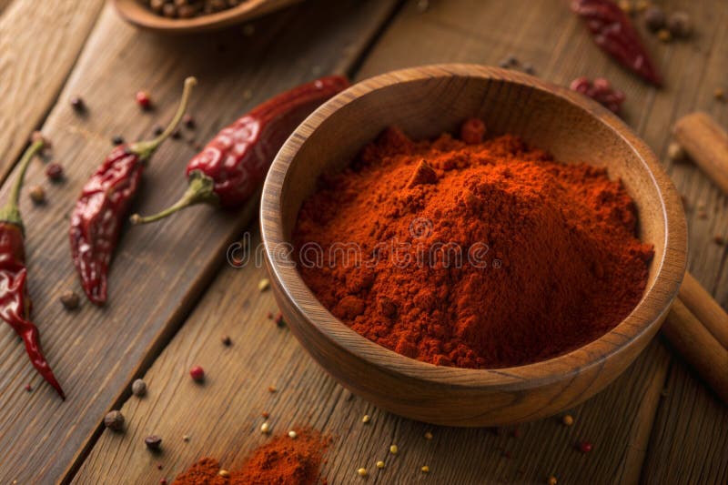 Aromatic Red Chili Powder in Wooden Bowl on Rustic Table Stock ...