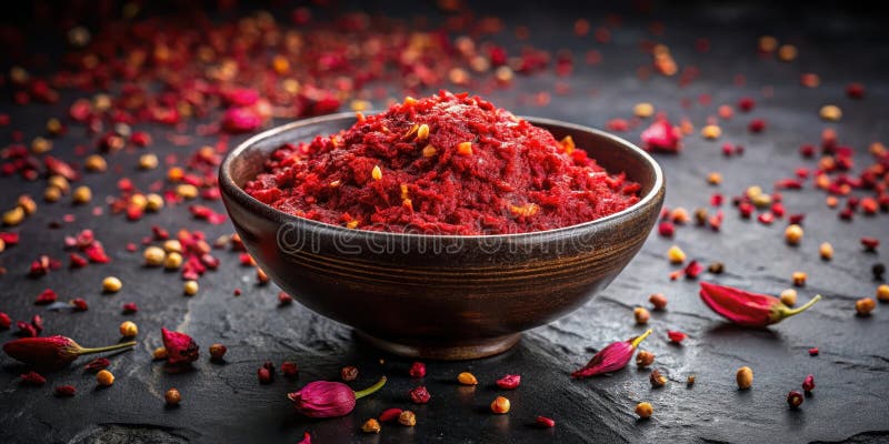 Aromatic Red Pepper Paste in a Rustic Bowl, Surrounded by Dried Pepper ...