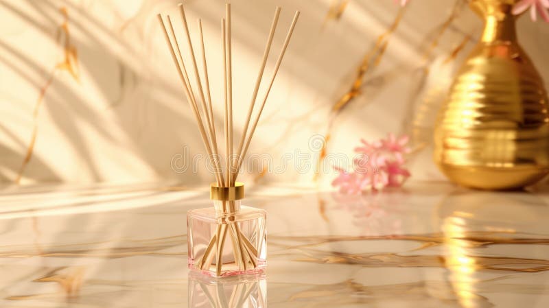 Aromatic Reed Diffuser with a Golden Vase on a Marble Surface. Stock ...