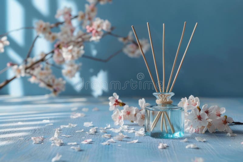 Aromatic Reed Diffuser Spreading Pleasant Aroma among Spring Flowers on ...