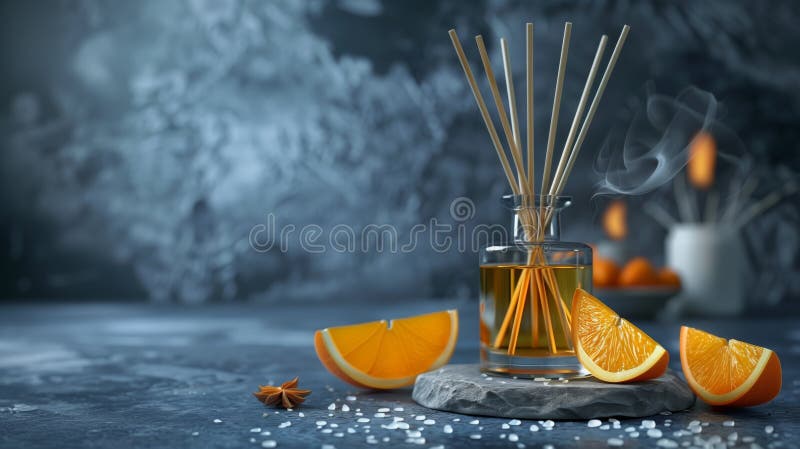 Aromatic Reed Diffuser on a Stone Base with Orange Slice Accent. Close ...