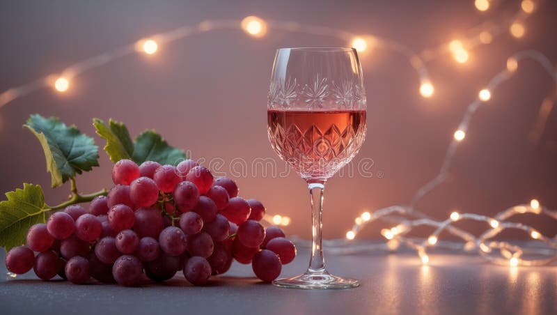 Aromatic Rose Wine with Fresh Red Grapes and Festive Lights. Stock ...