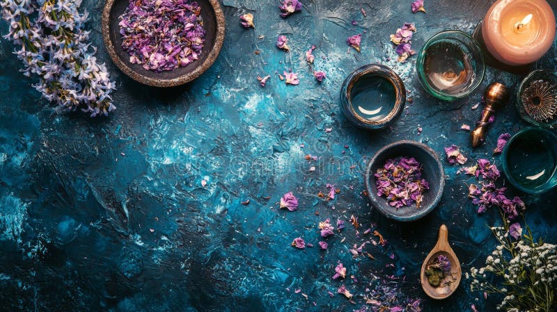 Aromatic Spa Setting with Dried Flowers and Candles on Textured Surface ...