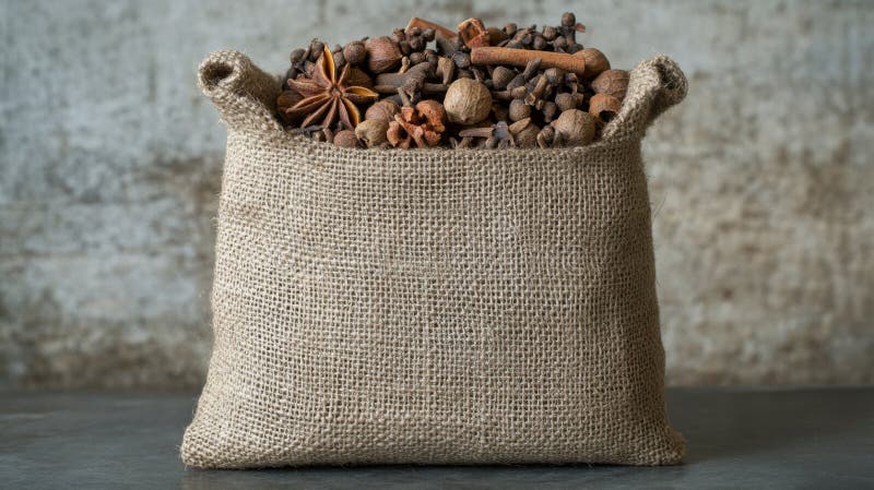 Aromatic Spice Blend in Rustic Burlap Sack Star Anise, Cinnamon, Cloves ...
