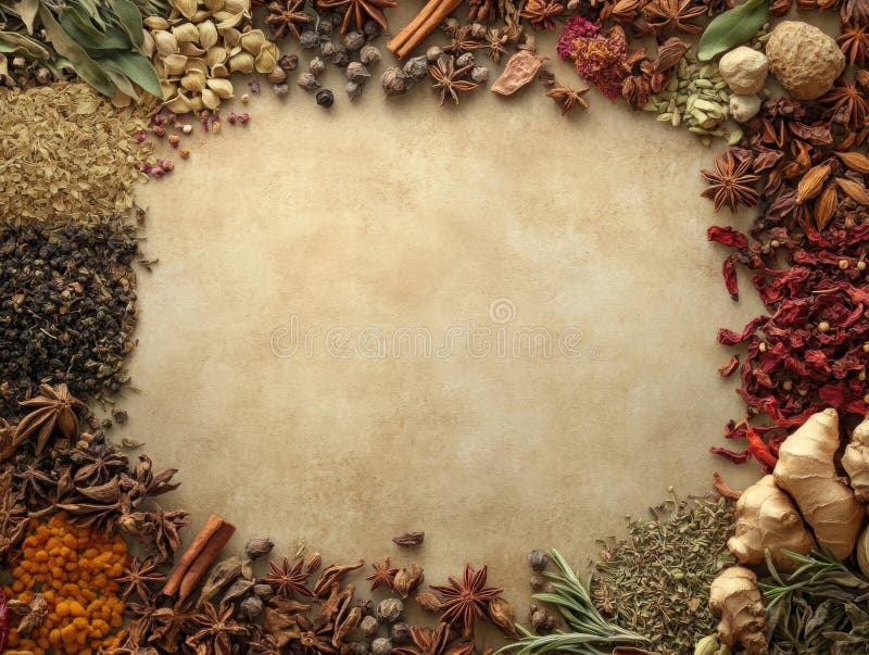Aromatic Spice Border on Rustic Paper Background Stock Illustration ...