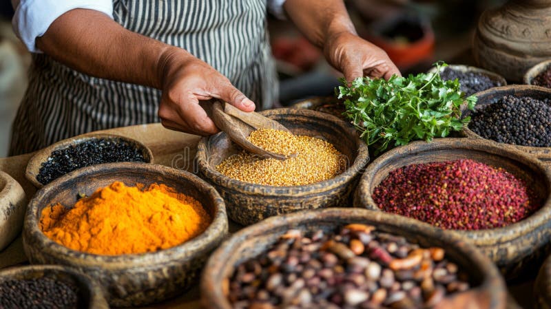 Aromatic Spice Vendor S Hands Selecting Herbs and Spices in a Vibrant ...